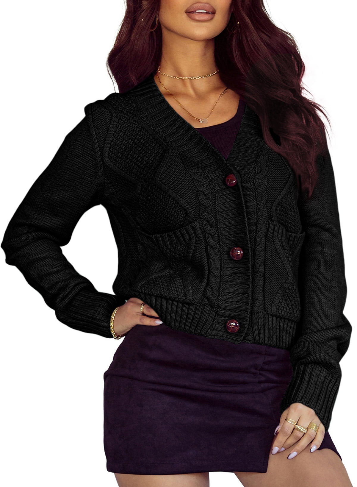 Astylish Cropped Cardigan Sweaters For Women Chunky Cable Knitted Open