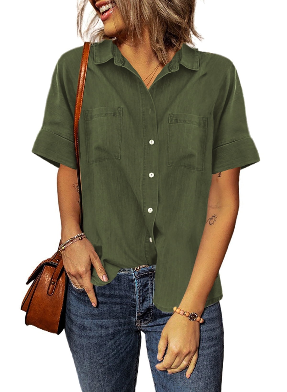Astylish Green Jean Blouses for Women Oversized Casual Button Down ...