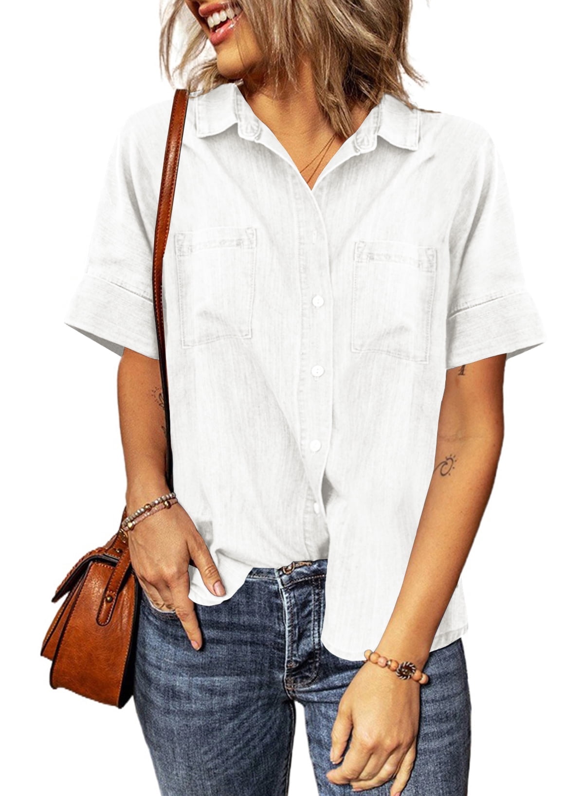 Astylish Women's Denim Tunic Tops, Short Sleeve, Button Down, V Neck ...