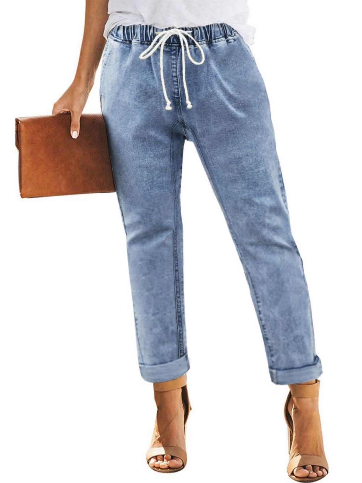 Womens Elastic Waist Pencil Stretch Denim Skinny Drawstring Jeans Pants ...