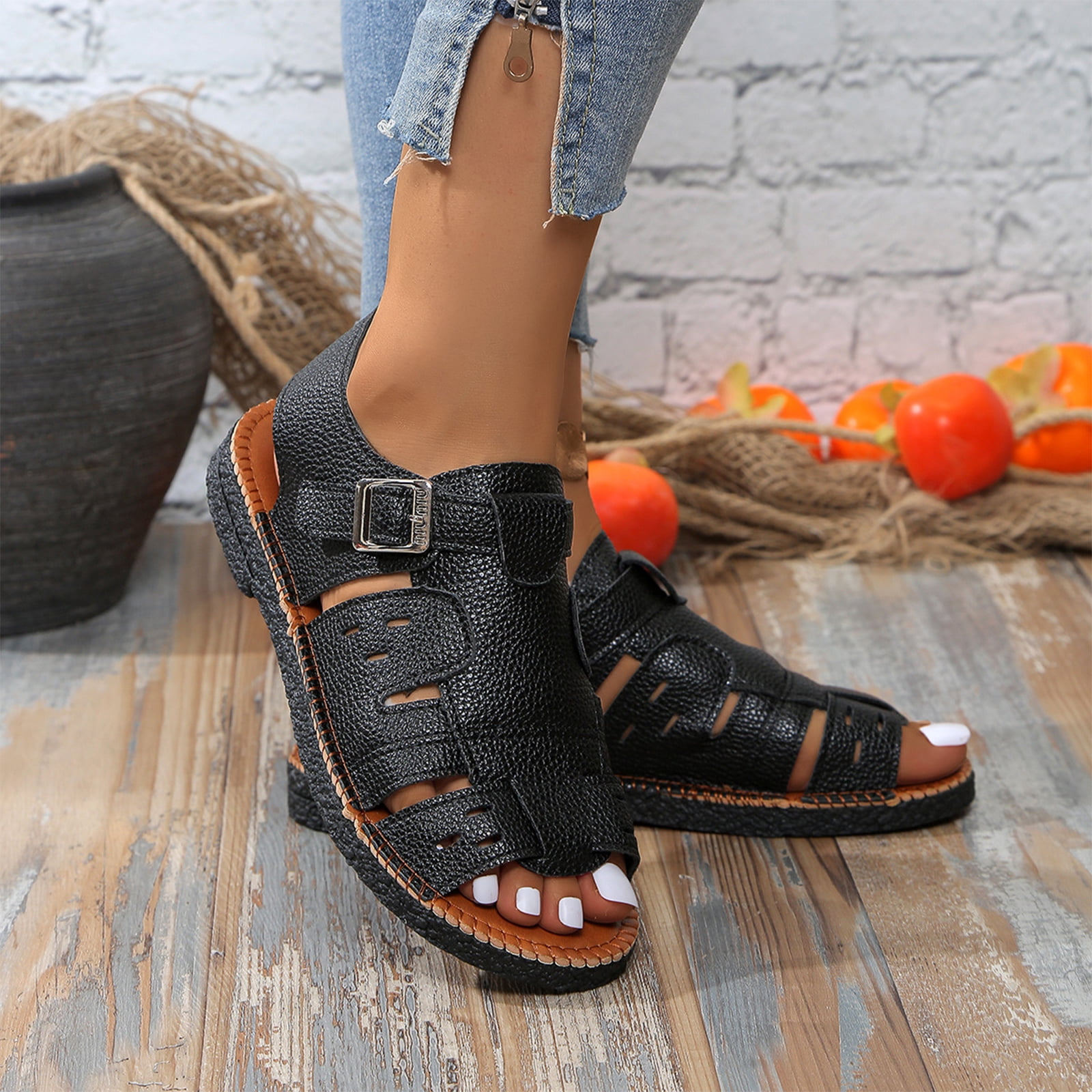Asual Beach Footwear, Woman Leather Hollow Out Hook Loop Flat Fisherman ...