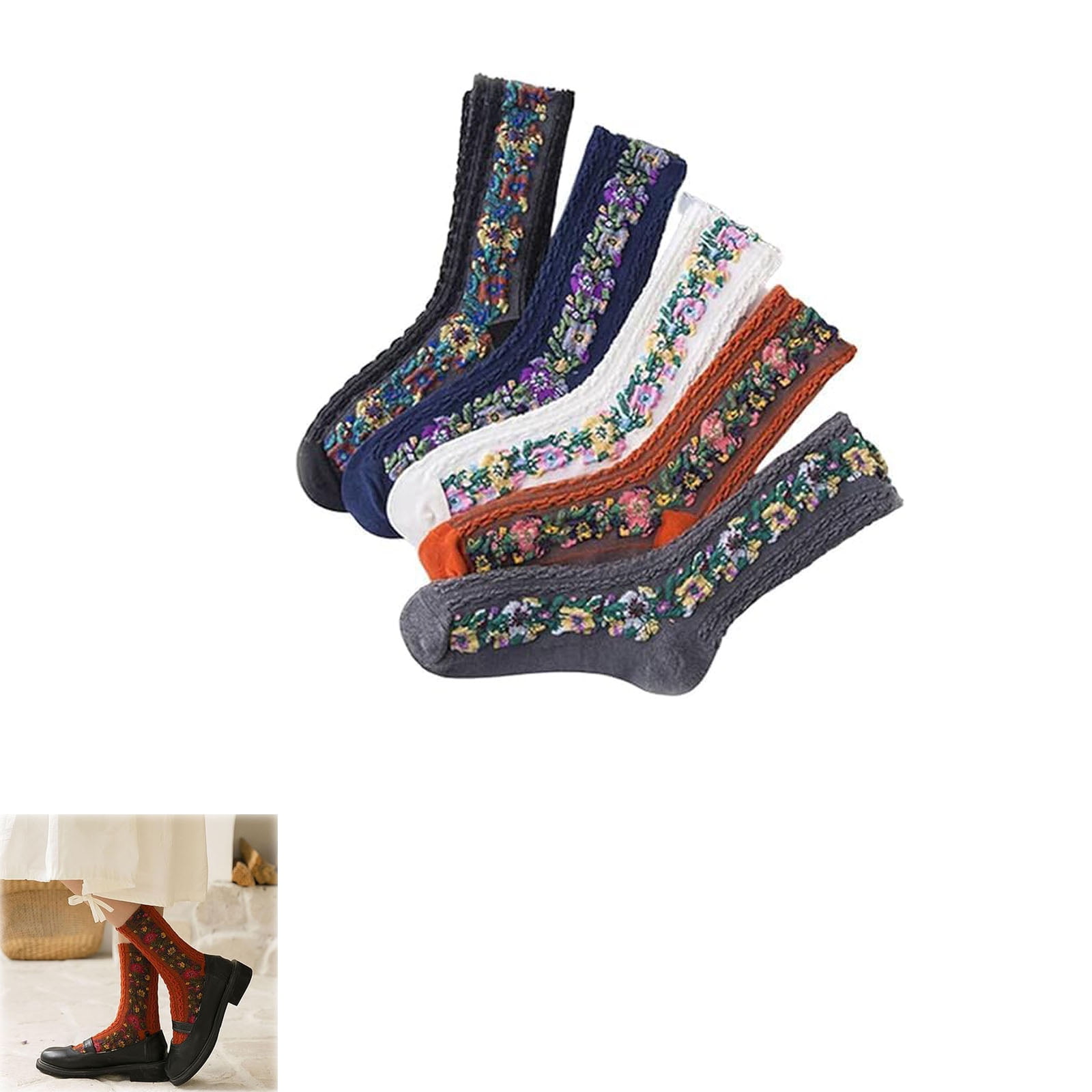 Asufficemple 5 Pairs Vintage Embroidered Floral Socks, Floral Knitting Pattern Sock, Parisian ...