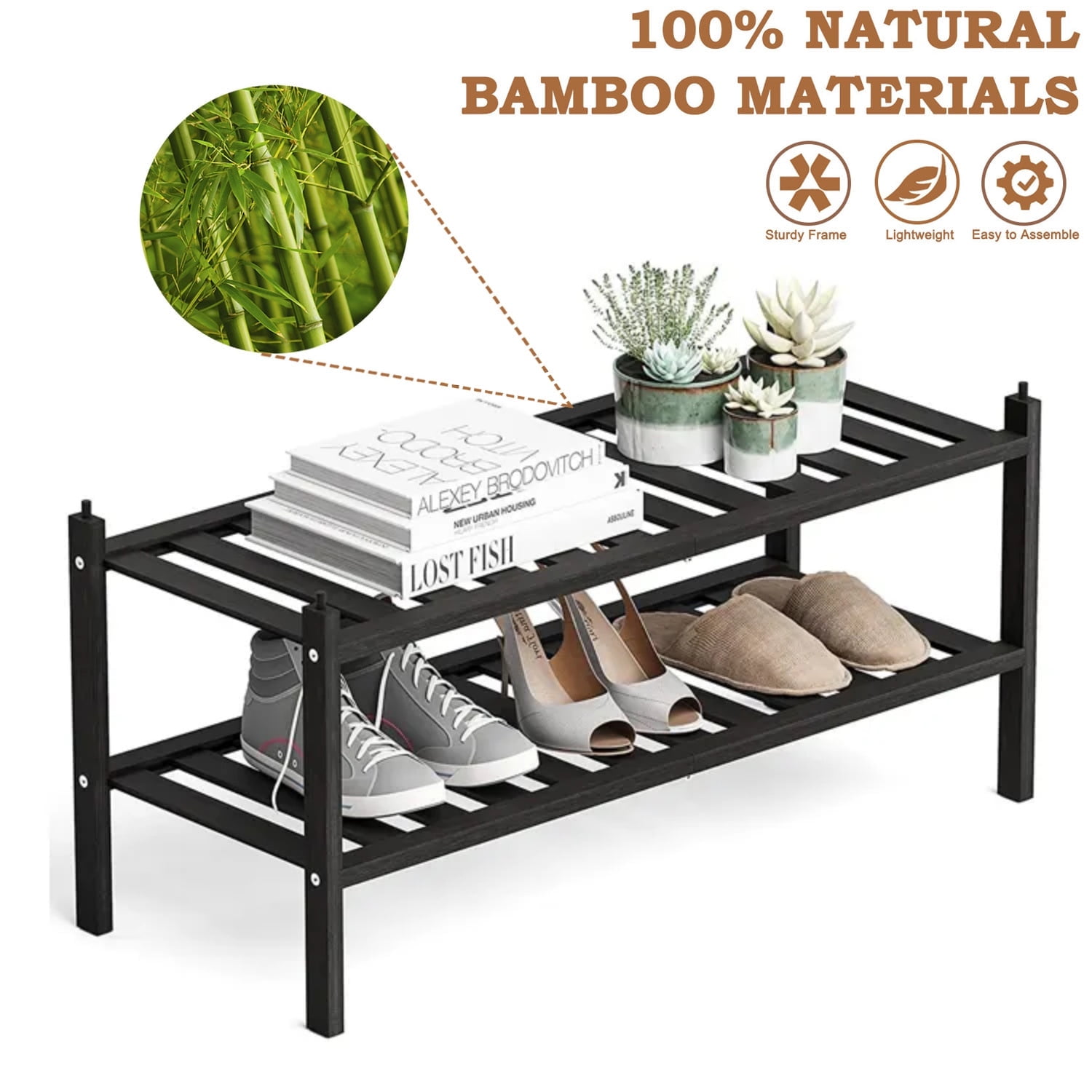 Asunby 2-Tier Bamboo Shoe Rack Stackable Shoe Shelf Storage Organizer ...