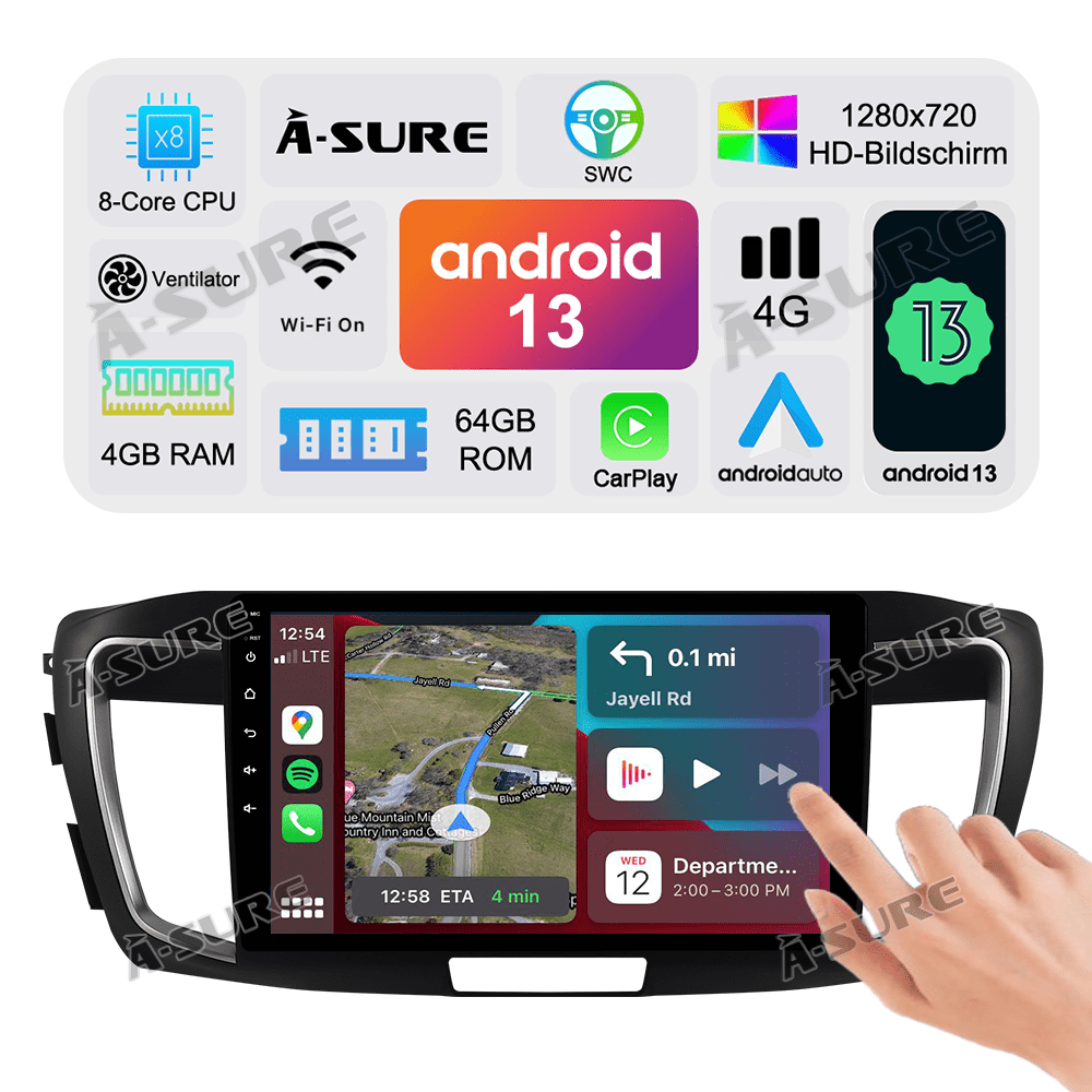 Asure 10.1" 4+64G Car Stereos For Honda Accord IX (2013-2017) Low-end with Android Auto and ...