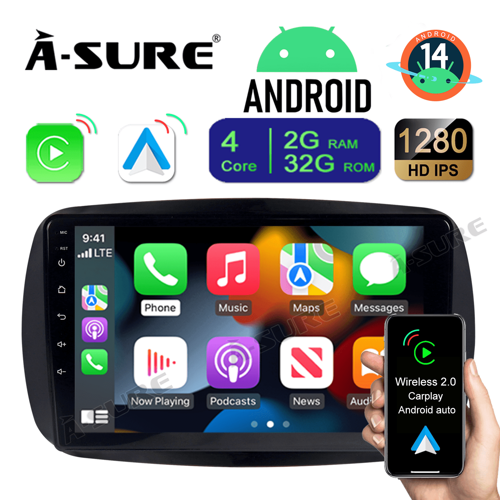 Asure 9" 2+32G Car Stereo For Smart Fortwo III Forfour (2014-2022) High ...