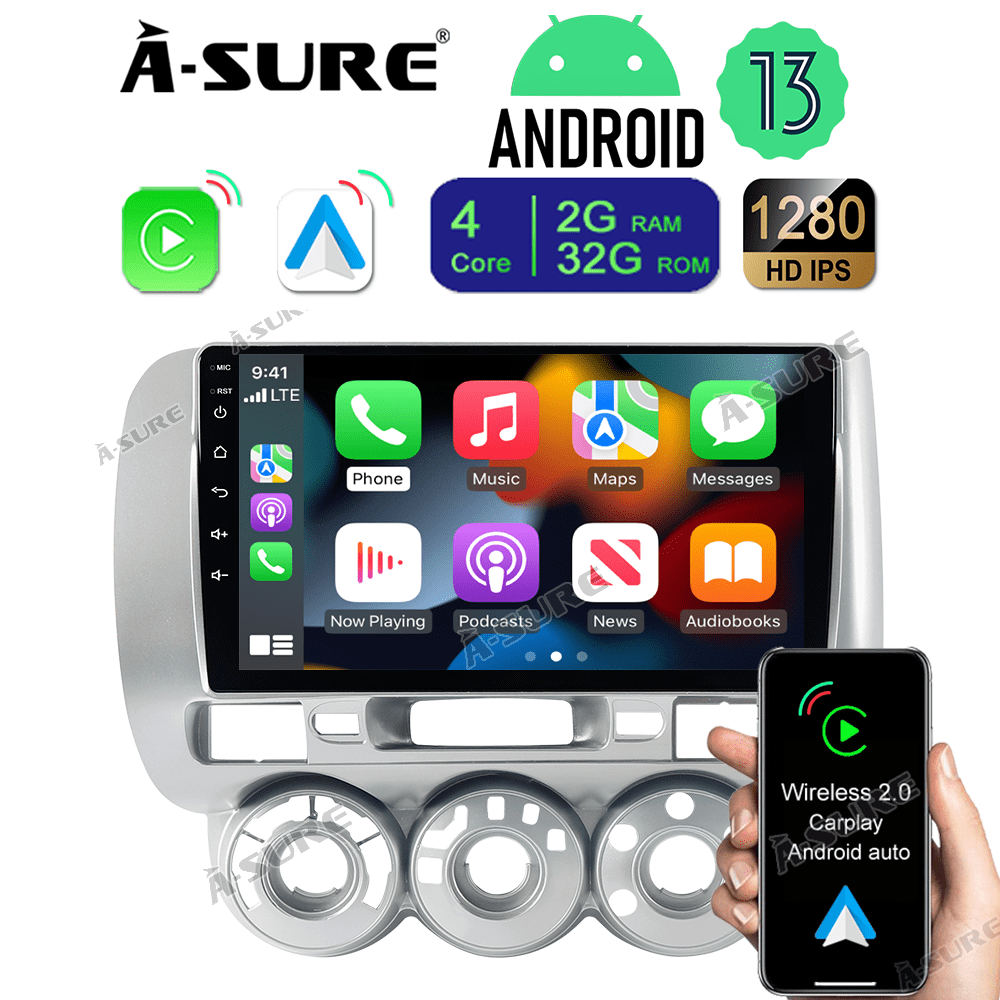 Asure 9" 2+32G Car Stereos For HONDA FIT JAZZ (2001-2008) w/ Manual A/C with Android Auto and ...