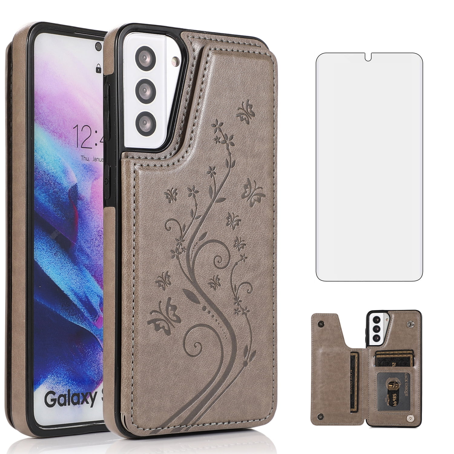 Asuwish Compatible with Samsung Galaxy S21 Plus S21+ 5G Wallet Phone Case Tempered Glass Screen ...