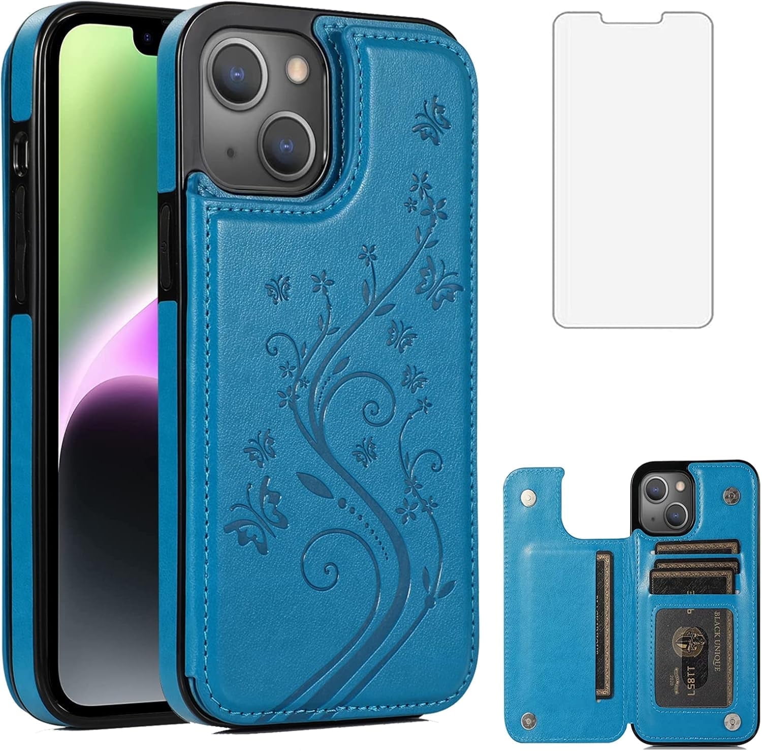 Asuwish Compatible with iPhone 14 6.1 inch Wallet Phone Case Tempered Glass Screen Protector and ...