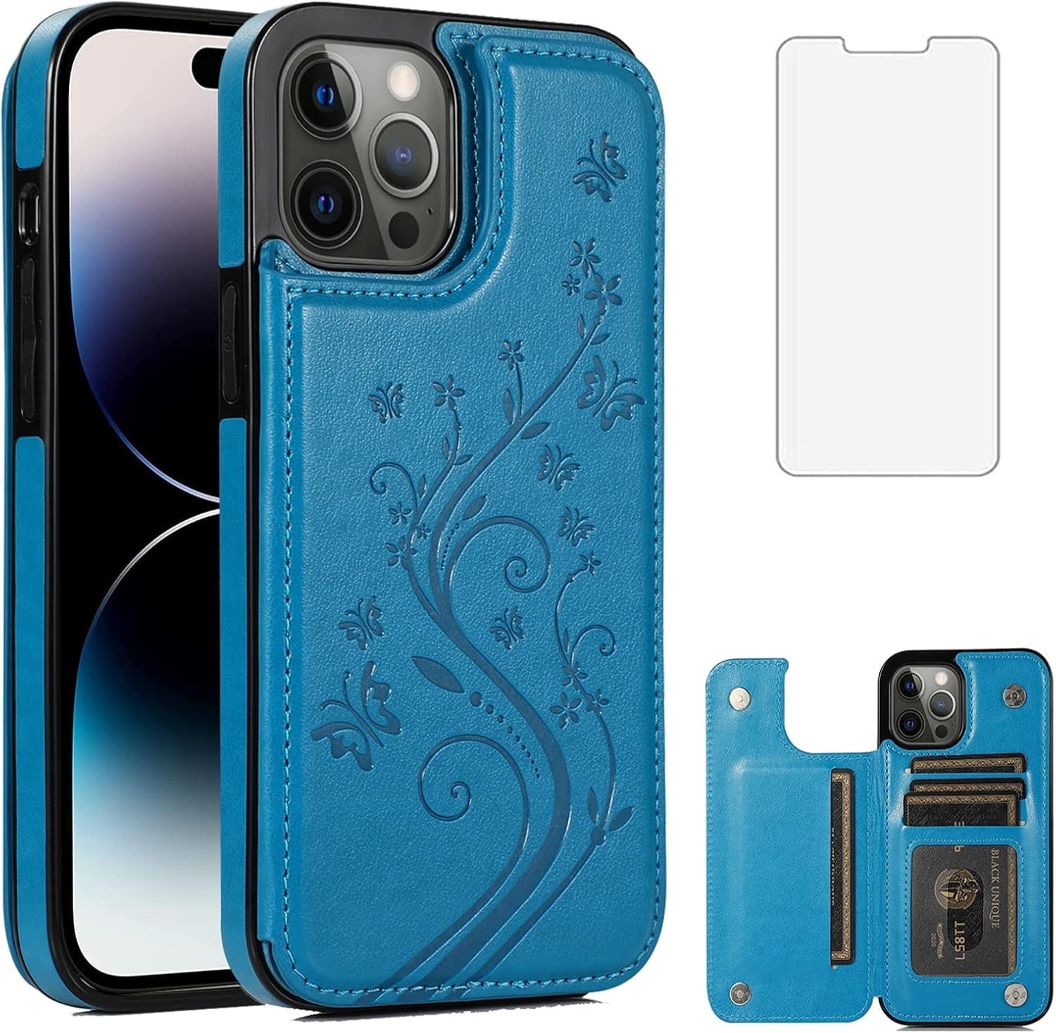 Asuwish Compatible with iPhone 15 Pro Max 6.7 inch Wallet Phone Case Tempered Glass Screen ...