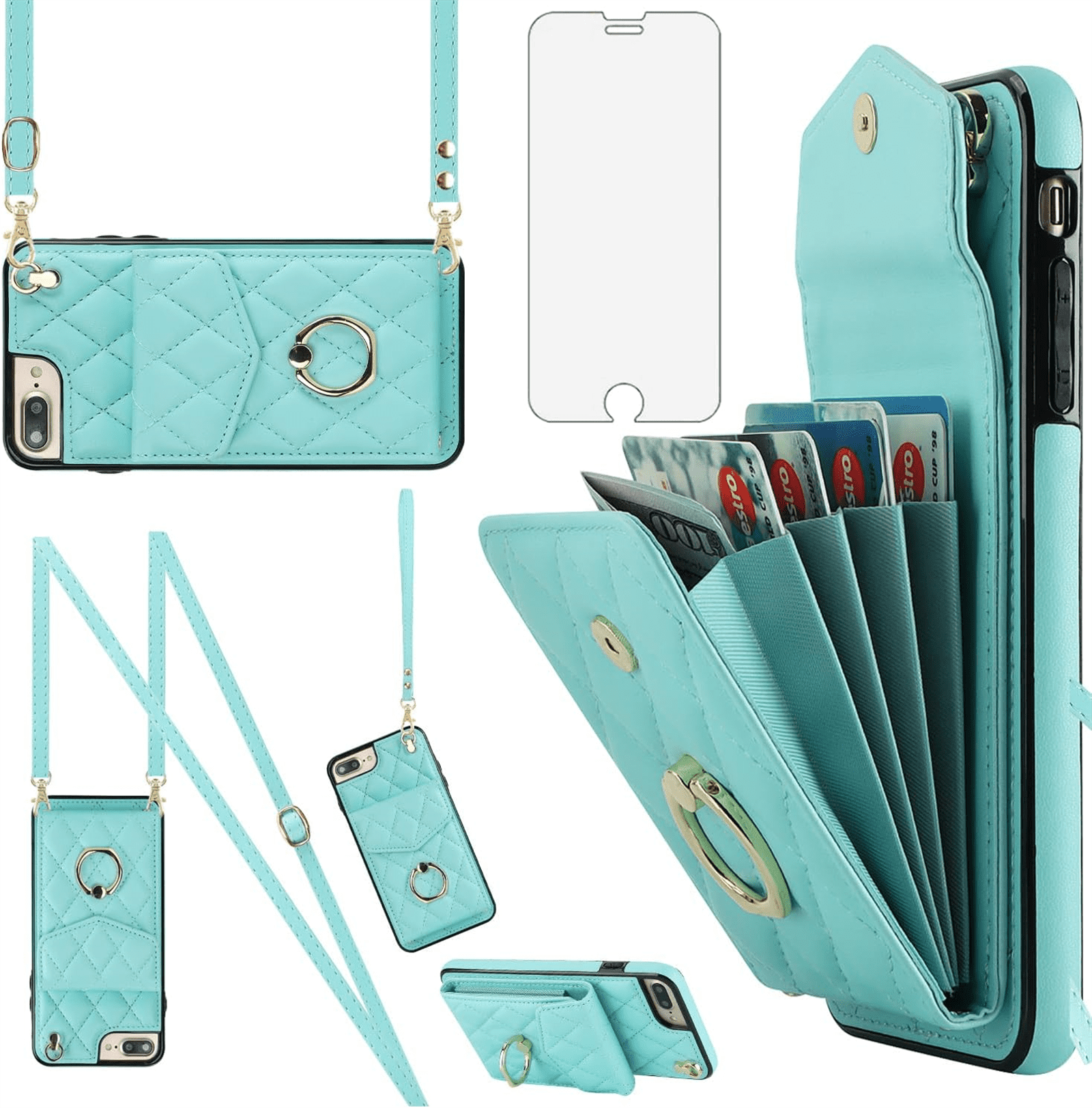 Asuwish Compatible with iPhone 7plus 8plus 7/8 Plus Wallet Phone Case Tempered Glass Screen ...