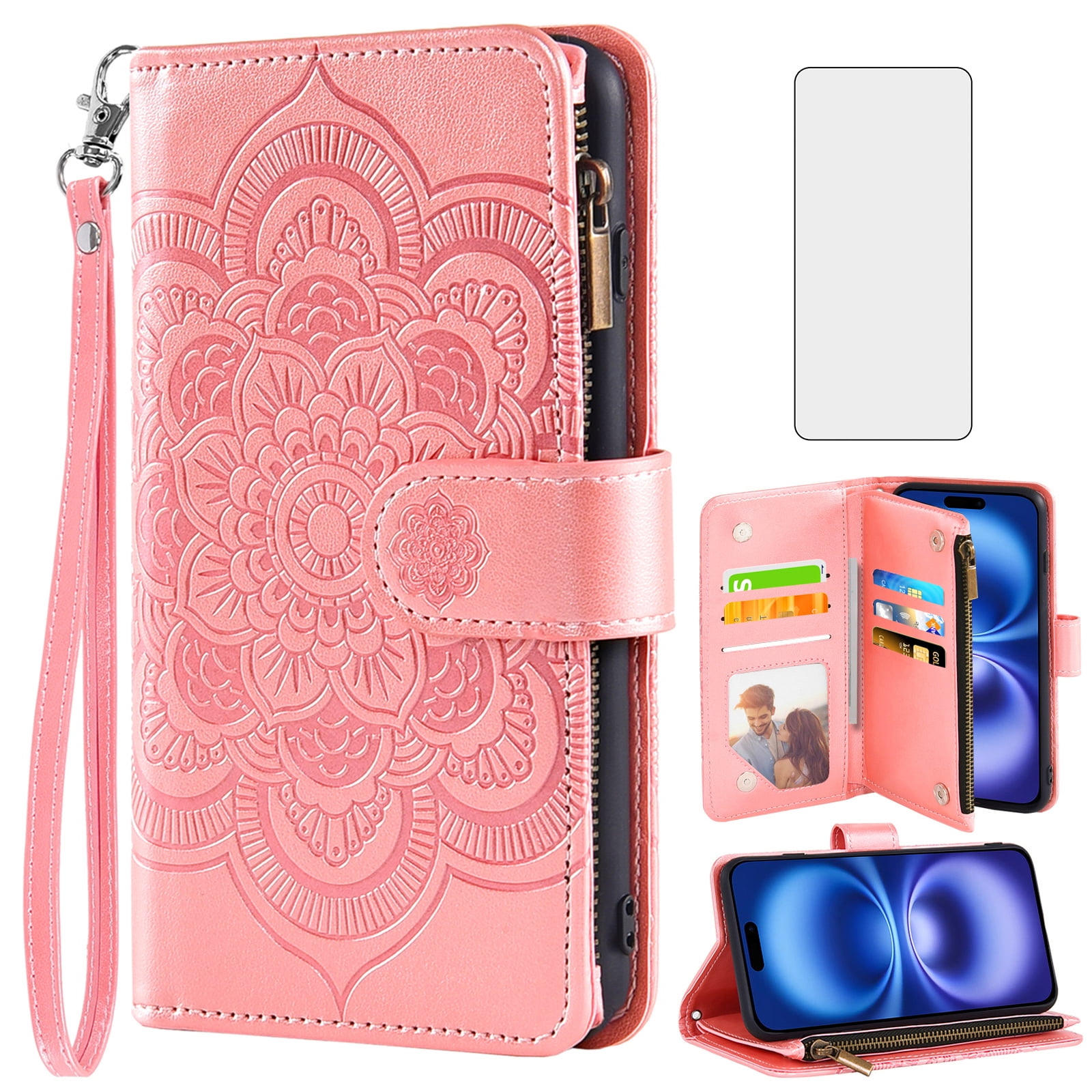 Compatible with iPhone 16 6.1 inch Wallet Phone Case and Tempered Glass ...