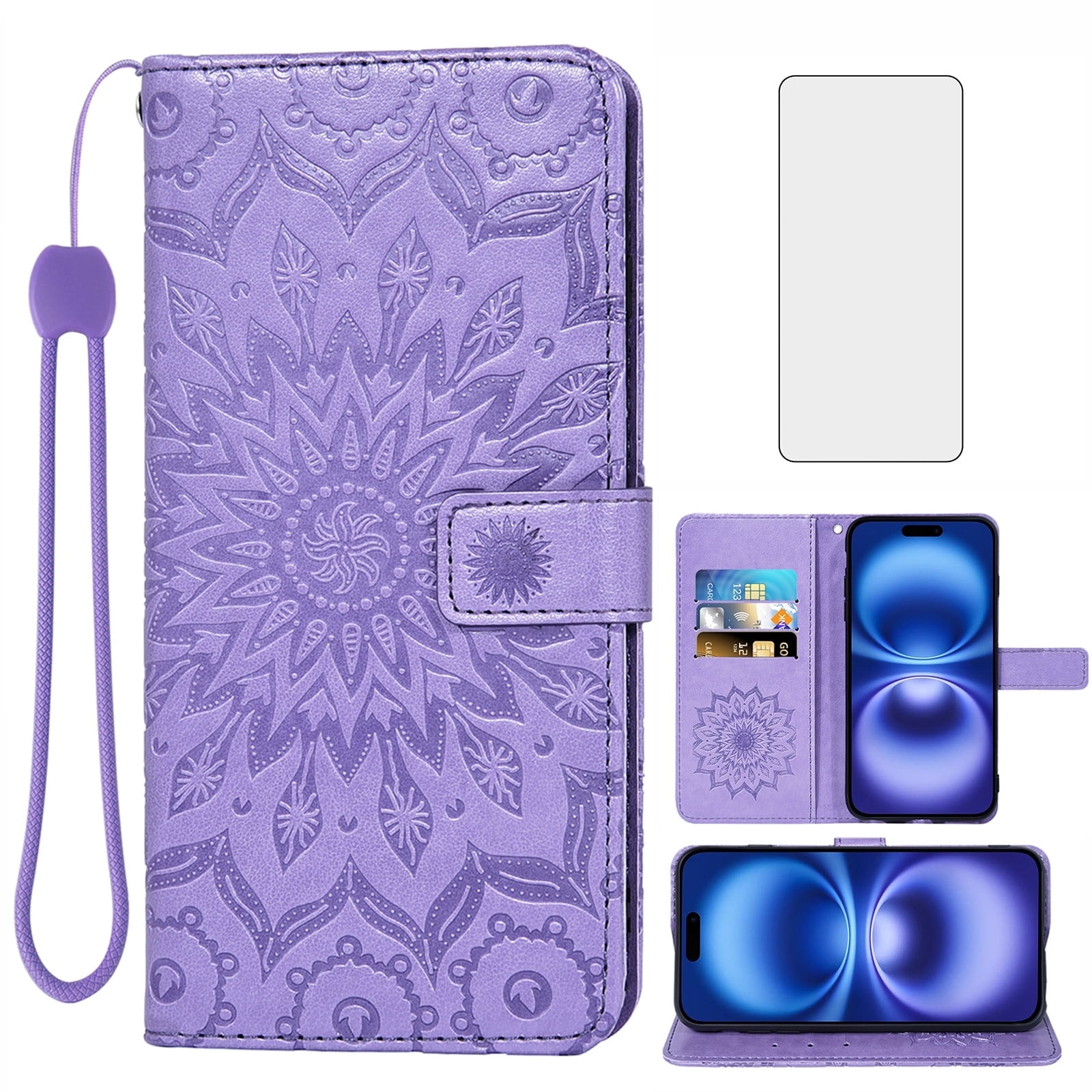 Asuwish Compatible with iPhone 16 6.1 inch Wallet Phone Case and Tempered Glass Screen Protector ...