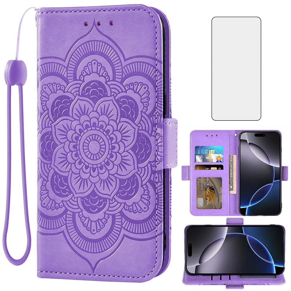 Compatible with iPhone 16 Pro Max 6.9 inch Wallet Phone Case and Tempered Glass Screen Protector ...