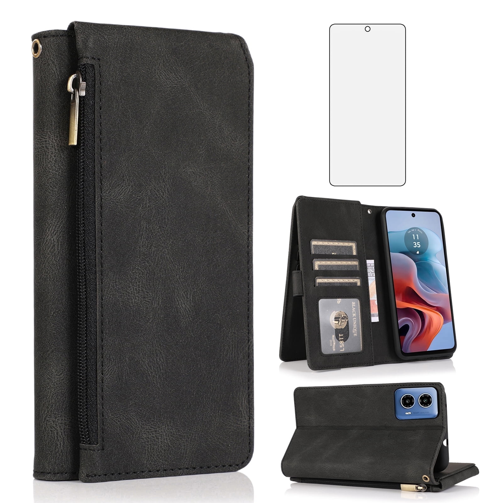 Asuwish Wallet Kickstand Hard Shell Cell Phone Case with Tempered Glass ...