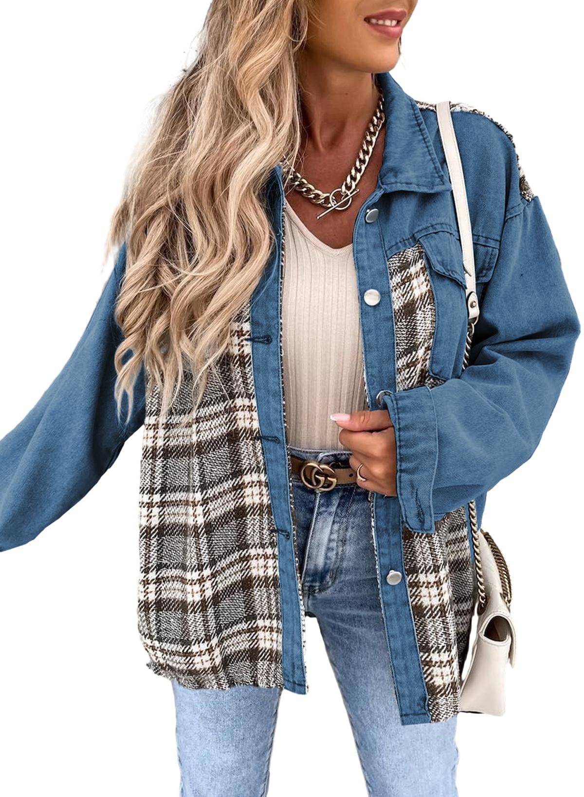 SHEWIN Women's Plus Size Denim Jacket with Plaid Patchwork, Long Sleeve ...