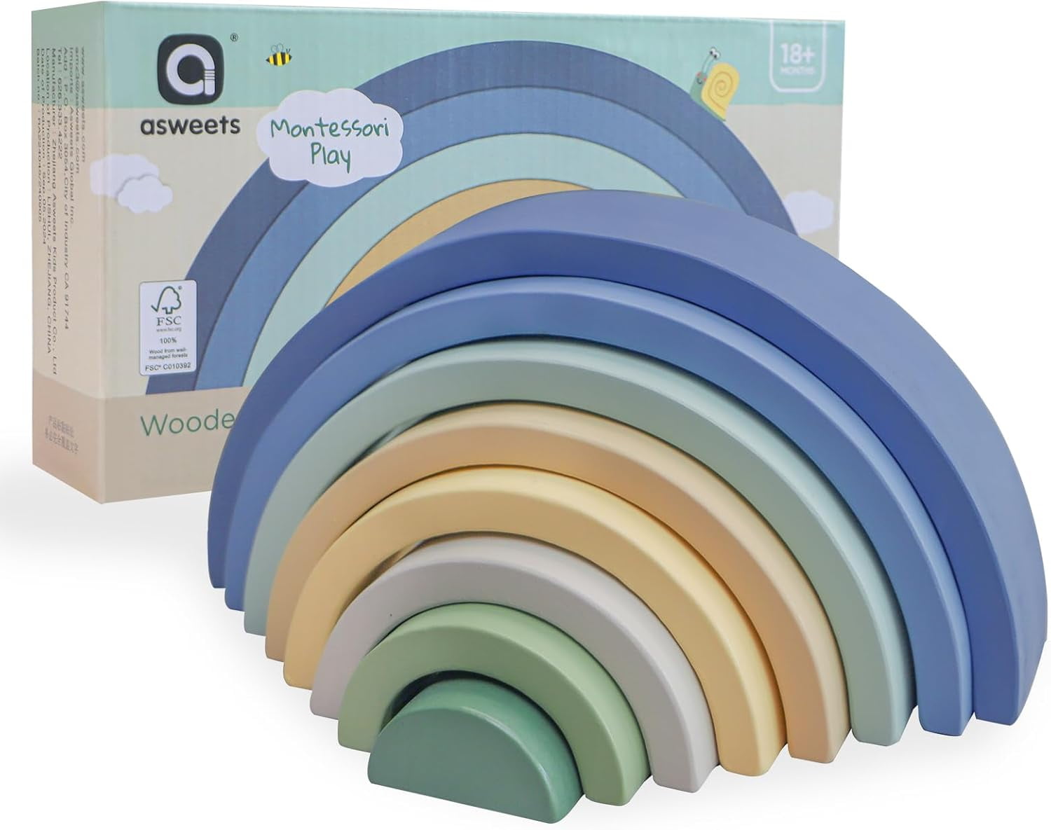 Asweets Wooden Stackable Rainbow Toy, 8 PCS Wooden Building Blocks Set ...