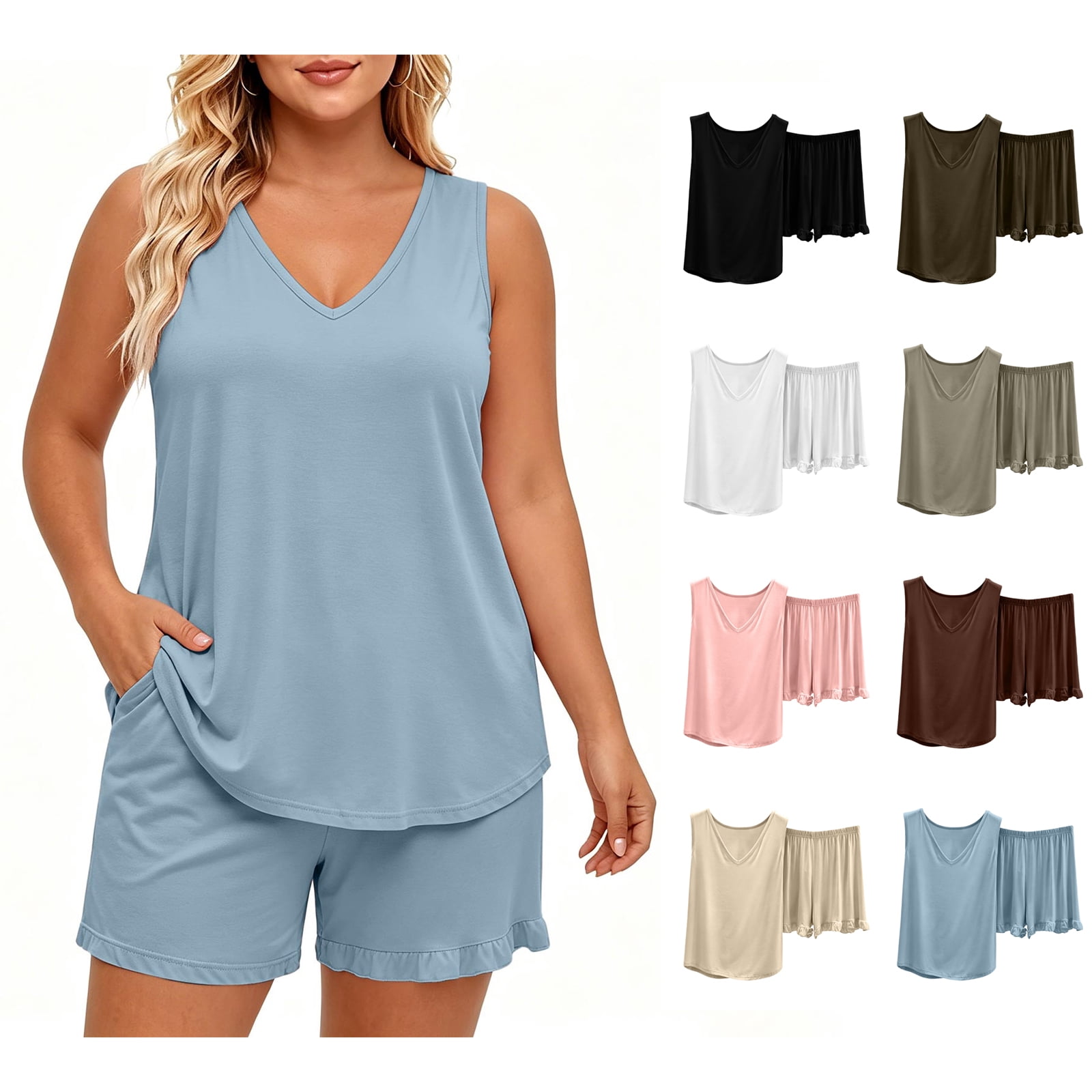 Asxite Pajamas for Women Set Loose V Neck Sleeveless Breathable Top and ...