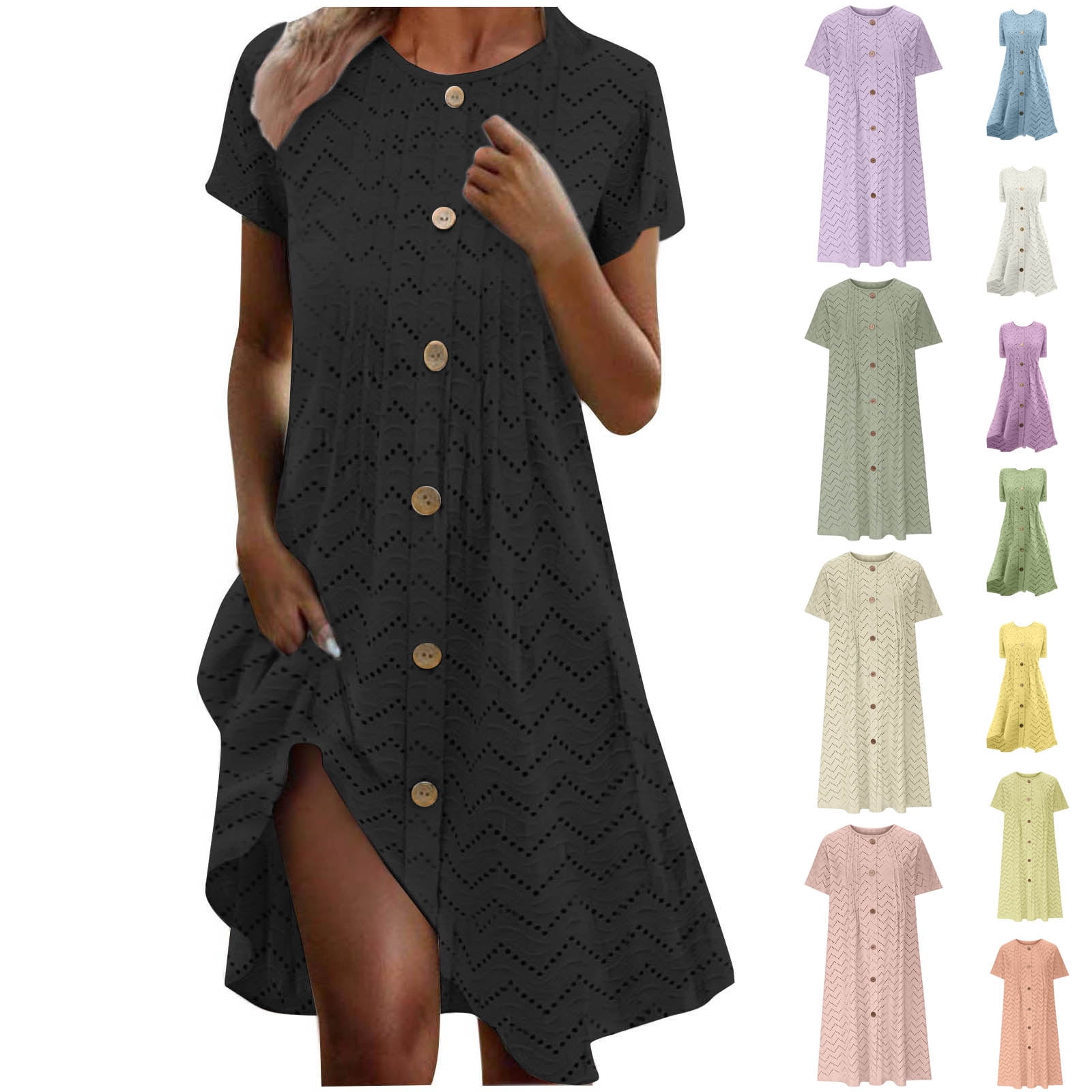 Asxite Summer Dresses for Women Casual Solid Button Round Neck Short ...