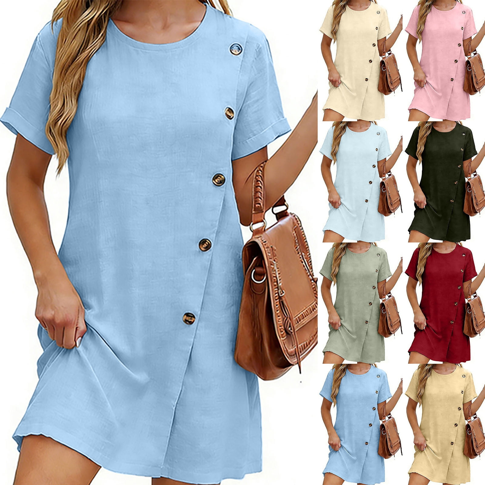 Asxite Summer Dresses for Women Casual Solid Round Neck Short Sleeve ...