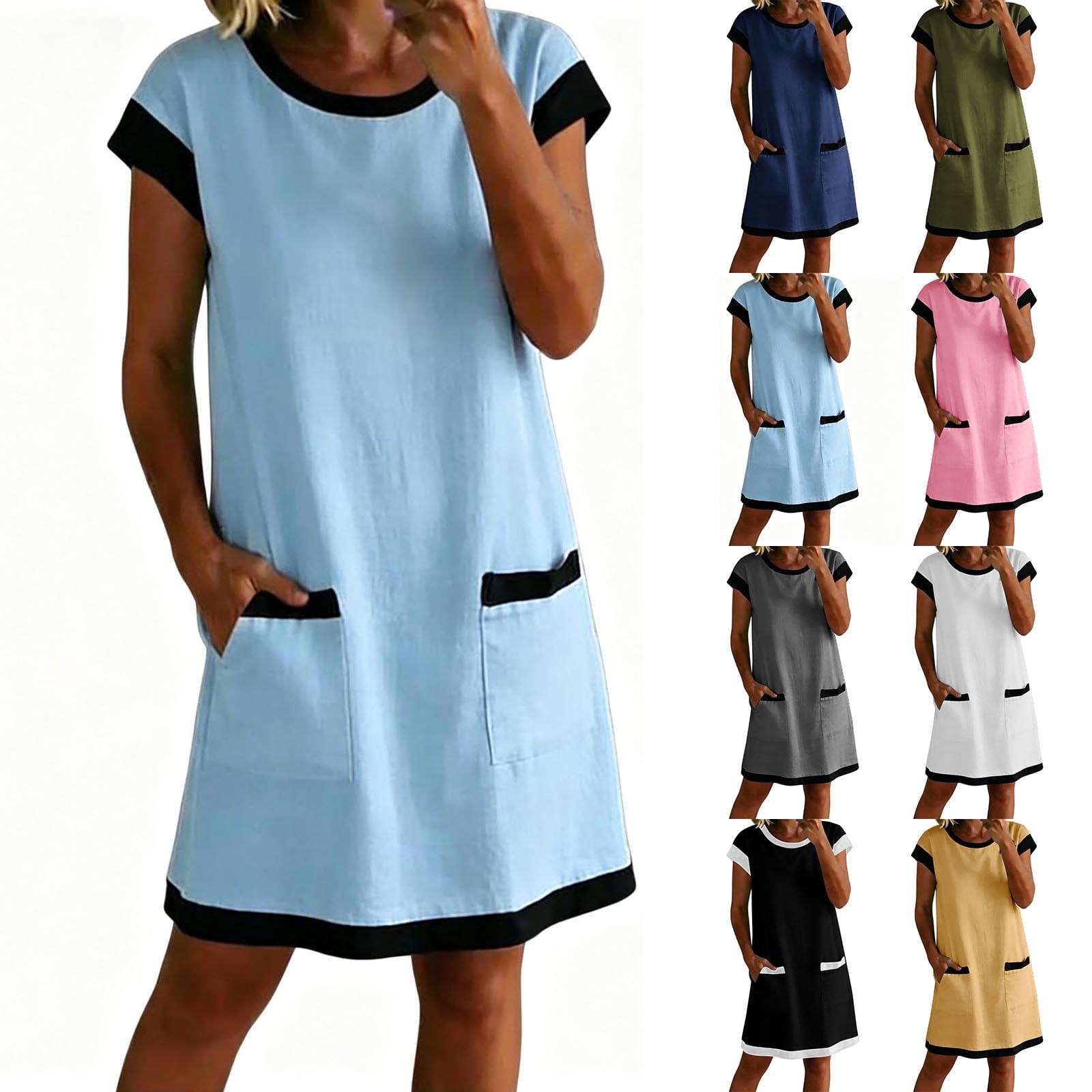 Asxite Summer Dresses for Women Casual Solid Round Neck Short Sleeve ...