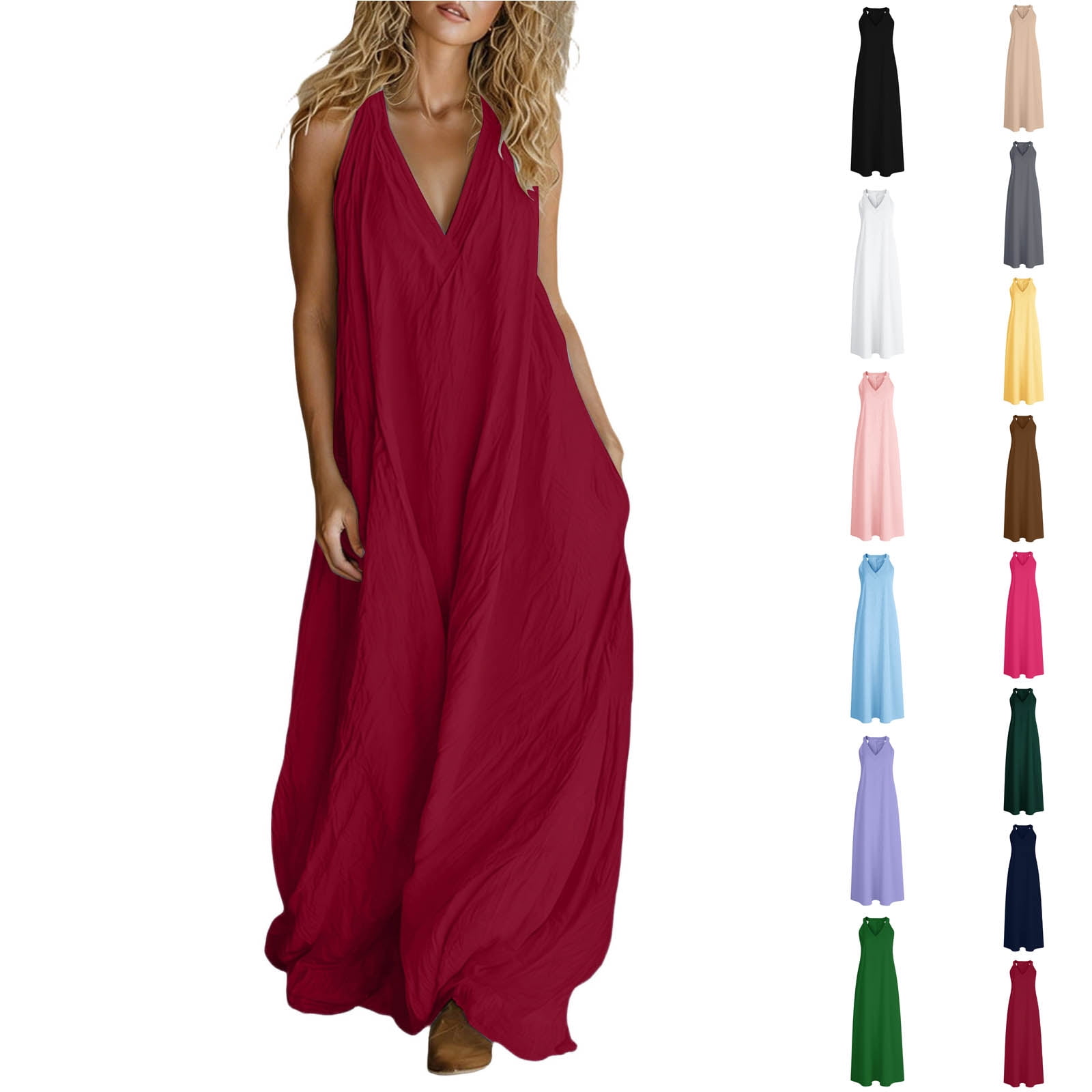 Asxite Summer Dresses for Women Casual Solid Sleeveless Lace Up Loose ...