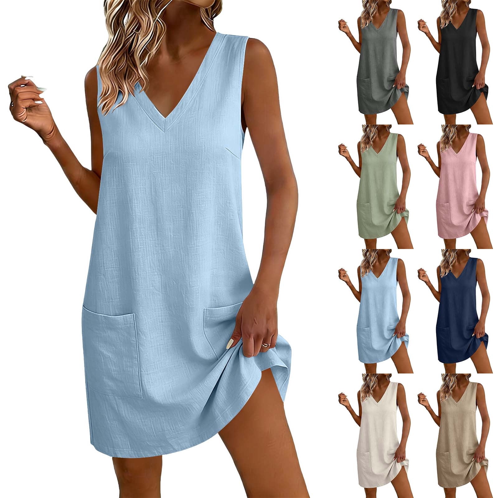 Asxite Summer Dresses for Women Casual Solid Sleeveless V Neck Loose ...