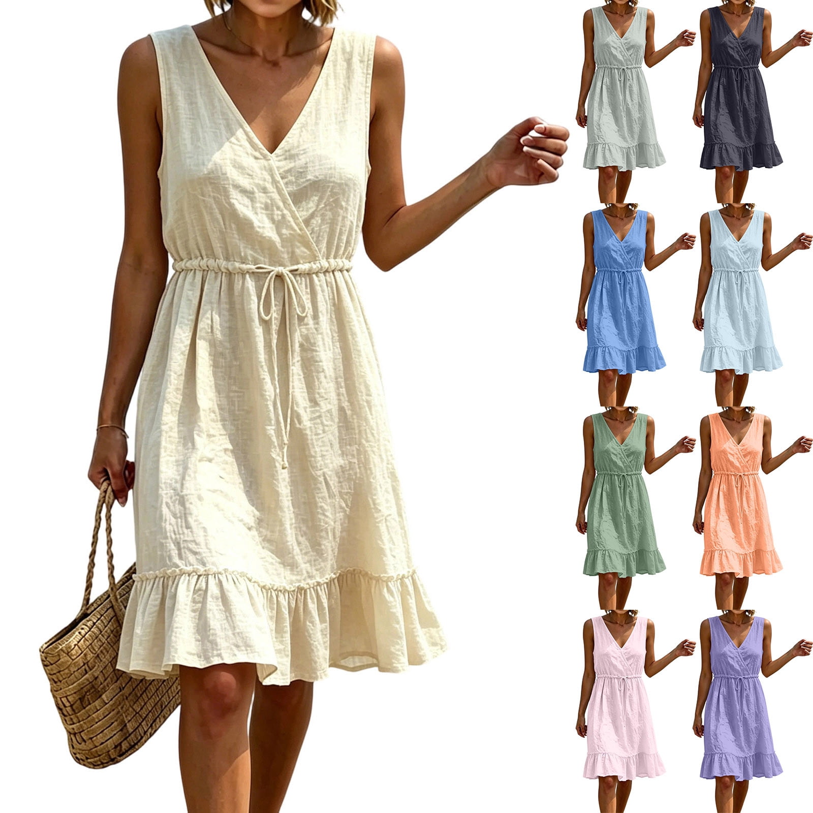 Asxite Summer Dresses for Women Casual Solid Spliced Sleeveless V Neck ...