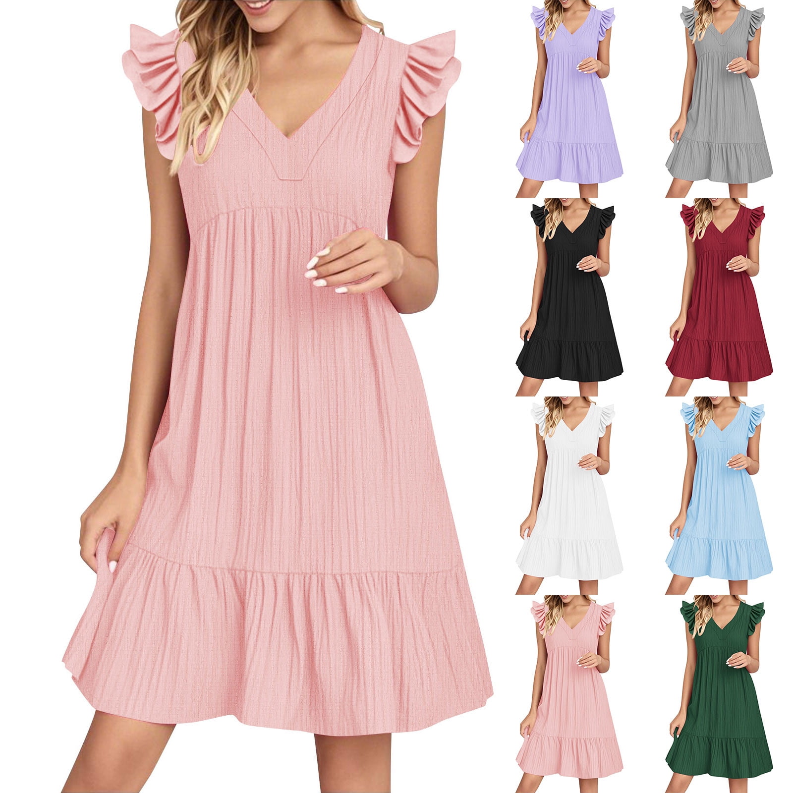 Asxite Summer Dresses for Women Casual Solid V Neck Petal Short Sleeve ...
