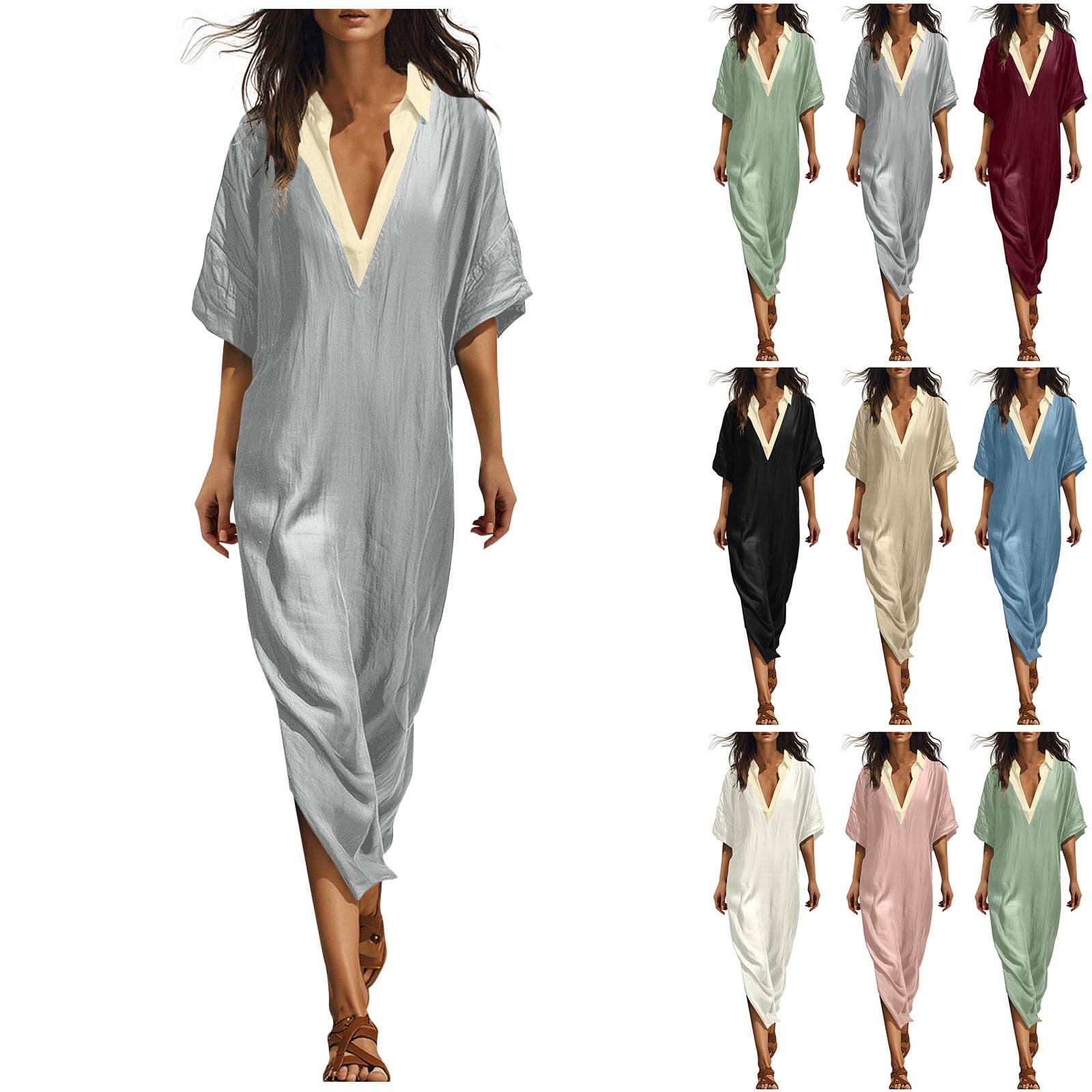 Asxite Summer Dresses for Women Casual Spliced Collared V Neck Short ...