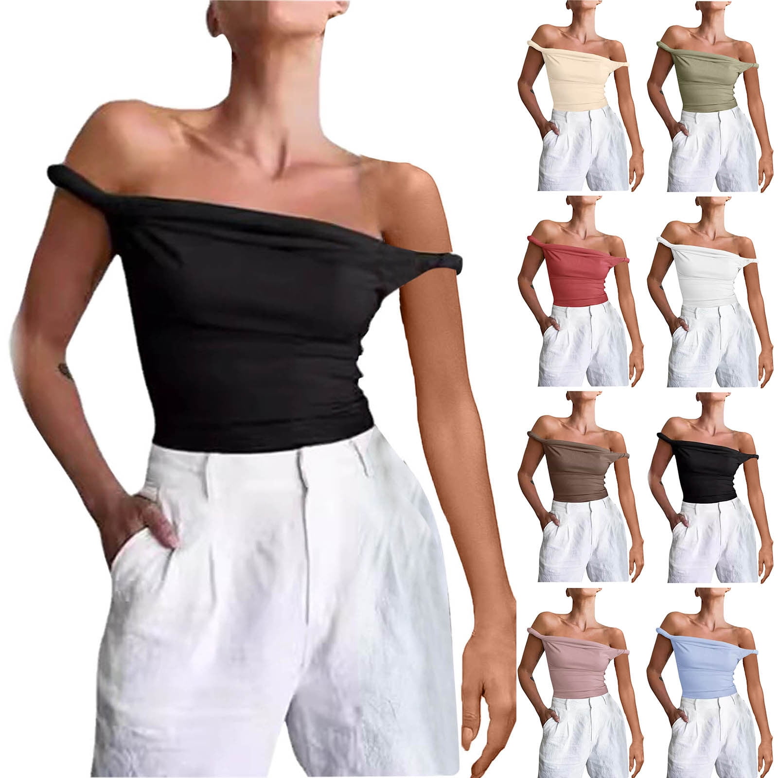 Asxite Tank Tops for Women Sleeveless Crop Solid Color Bandeau Ruched ...