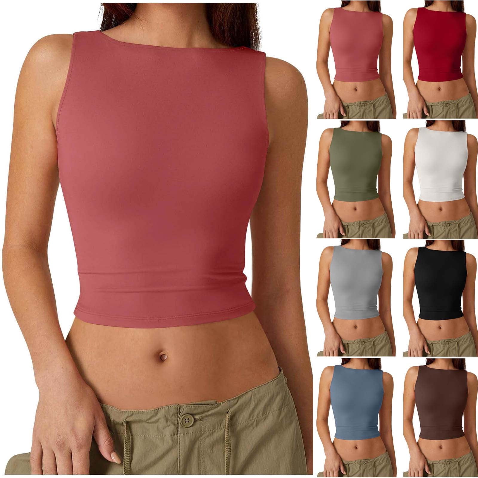 Asxite Tank Tops for Women Sleeveless Crop Solid Color Round Neck ...