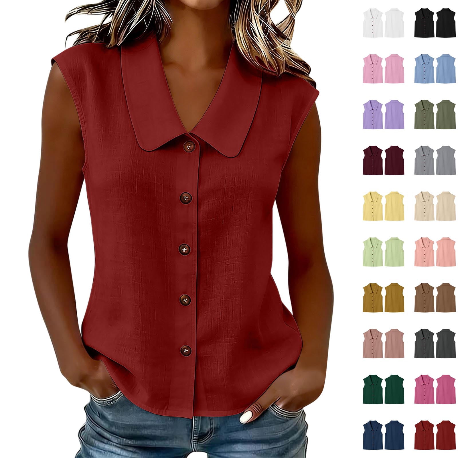 Asxite Tank Tops for Women Sleeveless Solid Color Collared Slub Linen ...