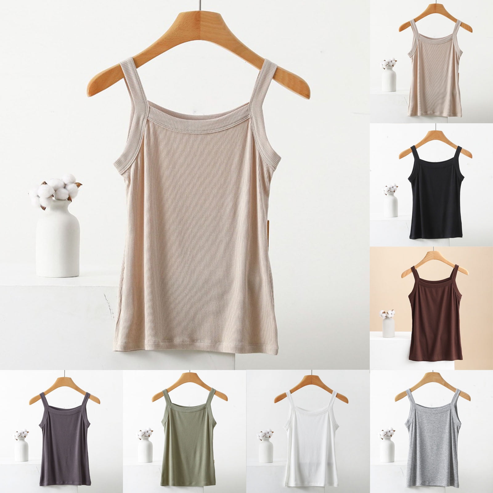 Asxite Tank Tops for Women Sleeveless Solid Color Round Neck Spaghetti ...
