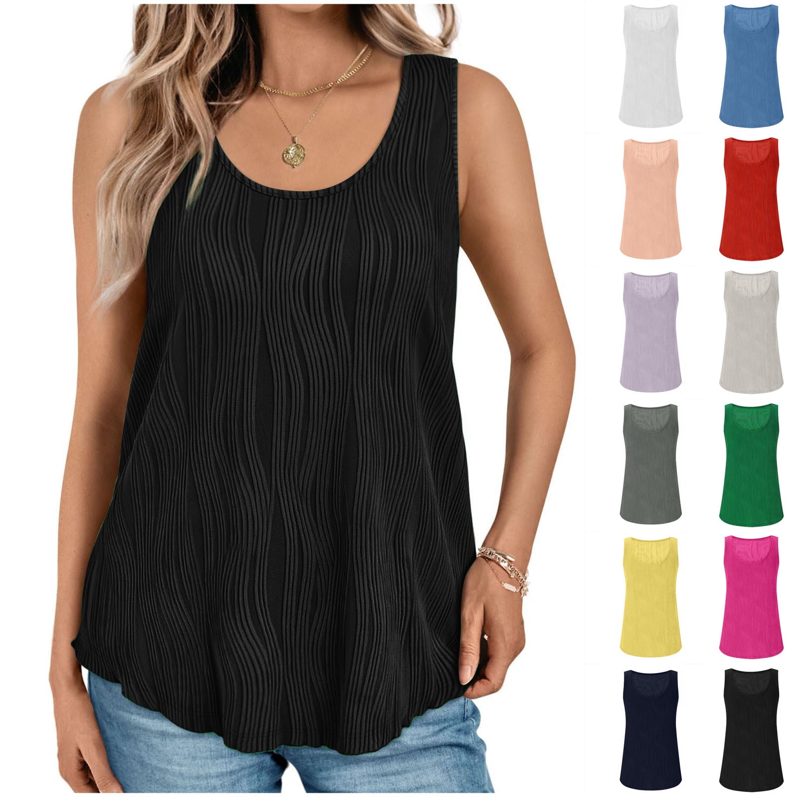 Asxite Tank Tops for Women Sleeveless Solid Color Textured Round Neck ...