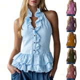 Asxite Tank Tops for Women Sleeveless Solid Color V Neck Ruffle Detail ...