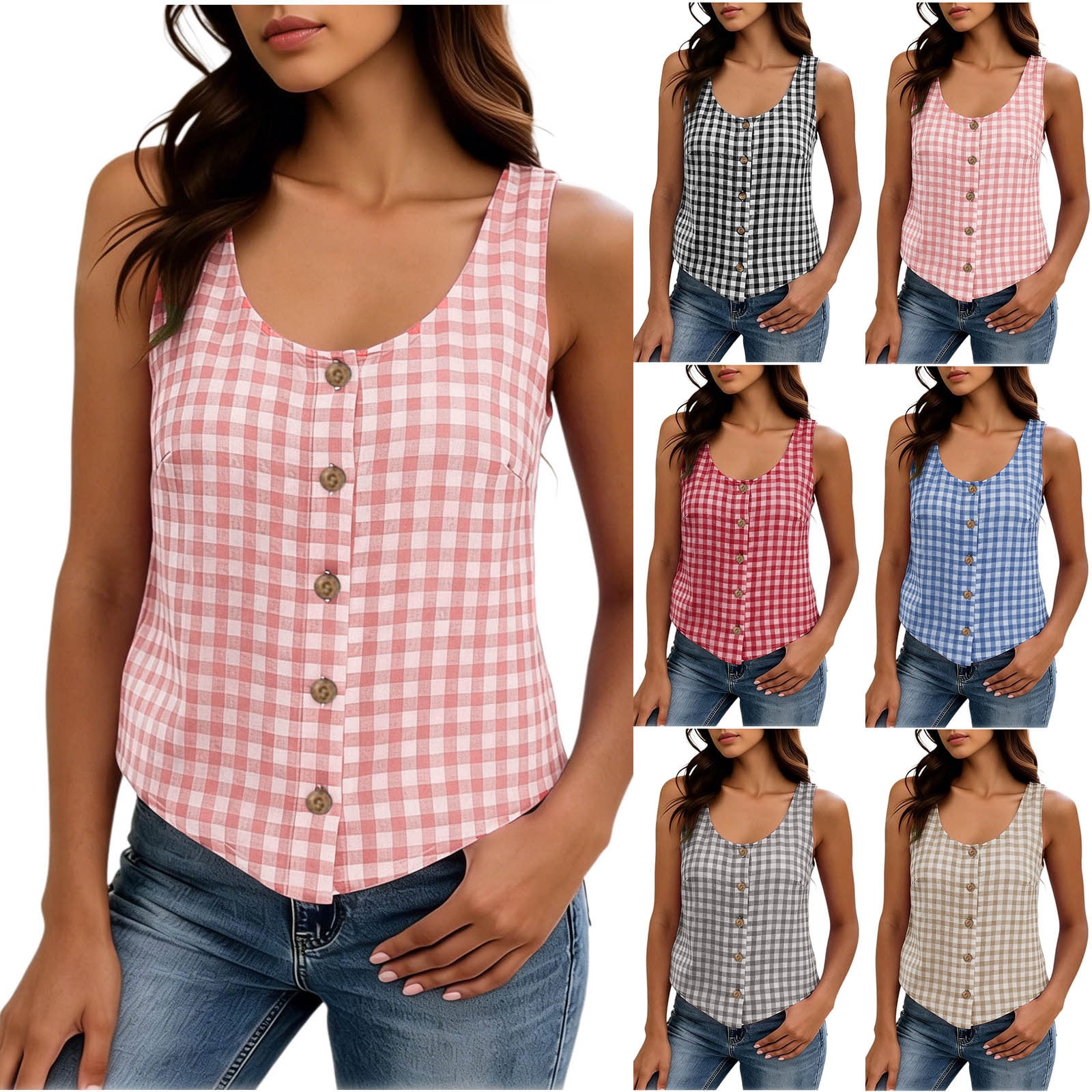 Asxite Tank Tops for Women Sleeveless Trendy Plaid Print Round Neck ...
