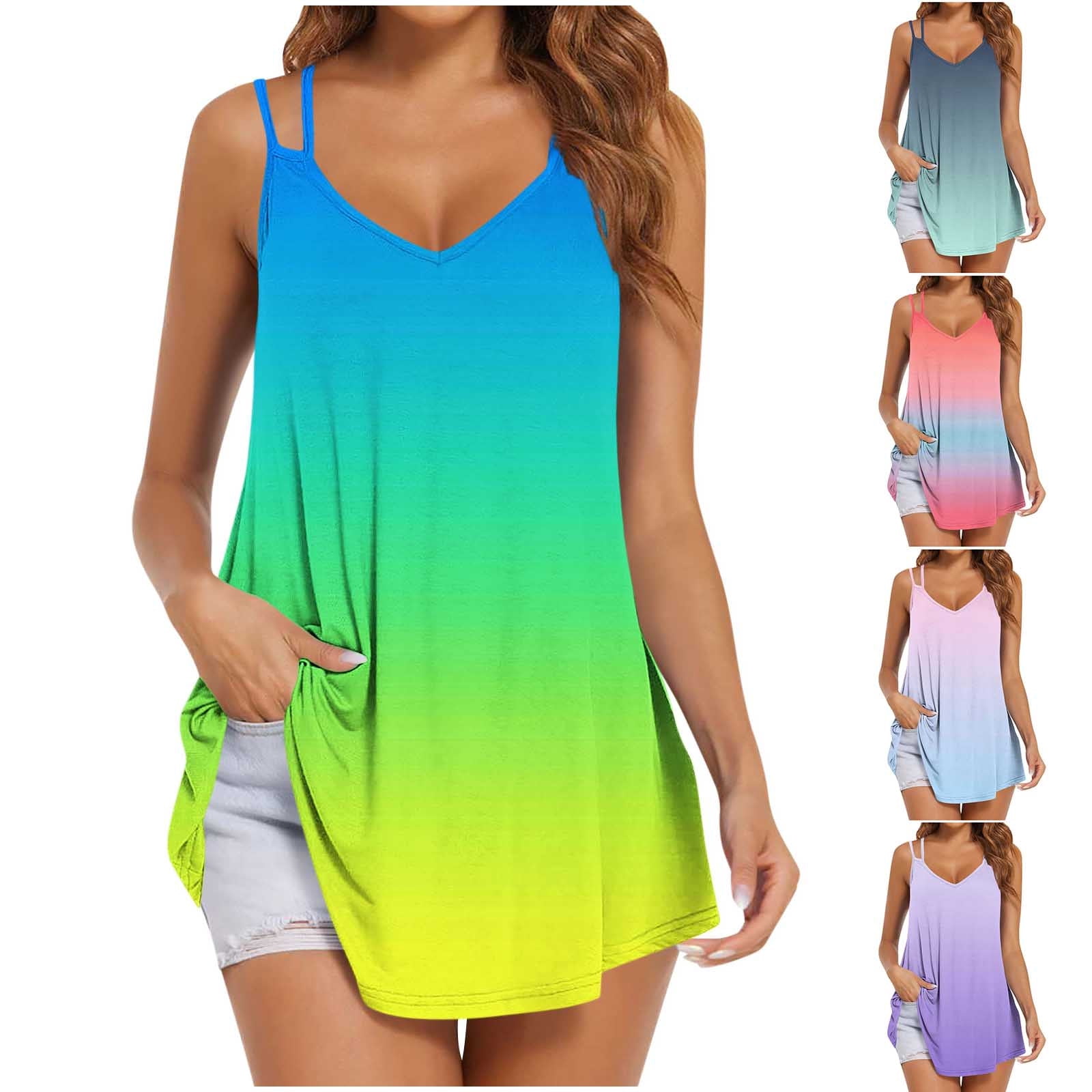 Asxite Tank Tops for Women Sleeveless Trendy Print V Neck Spaghetti ...