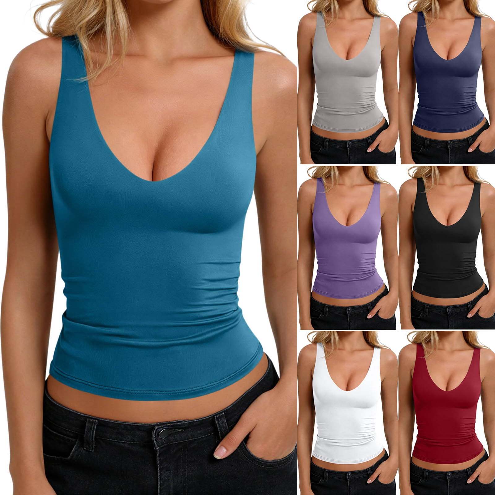 Asxite Tank Tops for Women Sleeveless Trendy Solid Color Deep V Neck ...