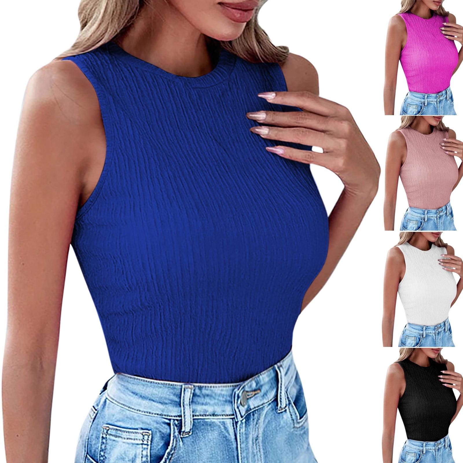 Asxite Tank Tops for Women Sleeveless Trendy Solid Color Round Neck ...