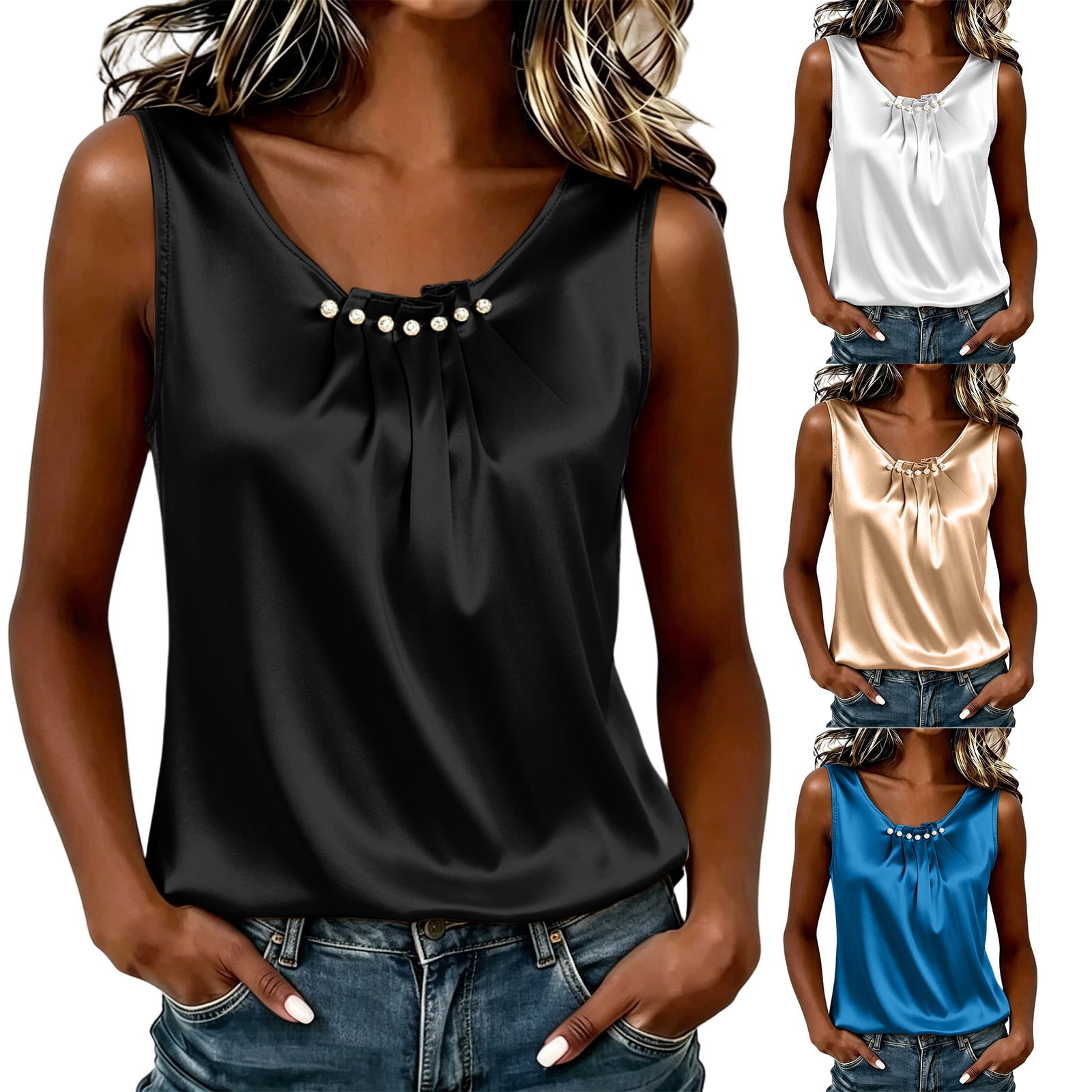 Asxite Tank Tops for Women Sleeveless Trendy Solid Color U Neck ...