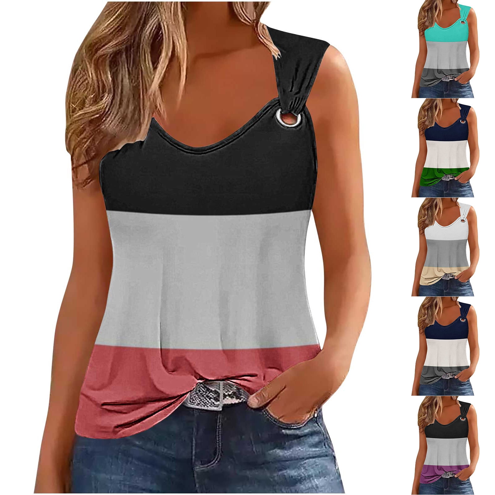 Asxite Tank Tops for Women Sleeveless Trendy Spliced Print Spaghetti ...