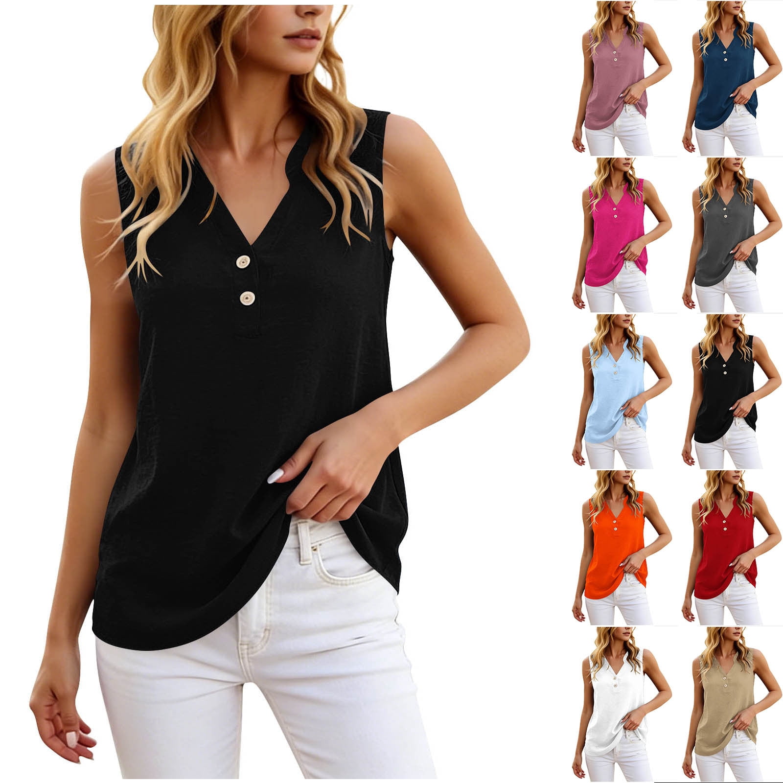 Asxite Tank Tops for Women Sleeveless Trendy V Neck Button Front ...