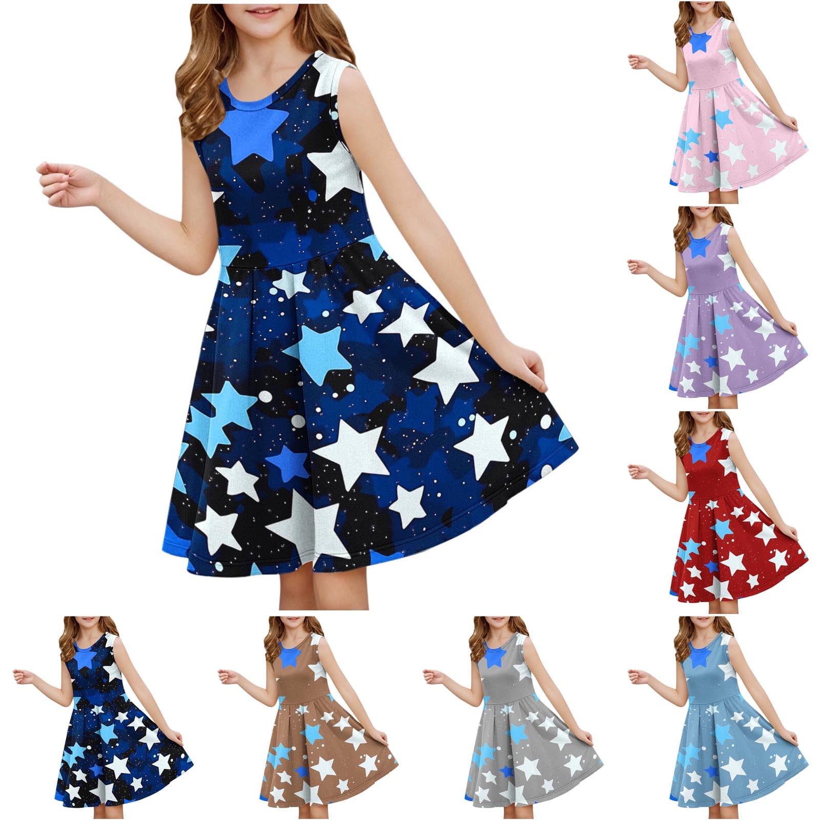Asxite Toddler Girls Dress Star Print Sleeveless Crewneck Waist ...