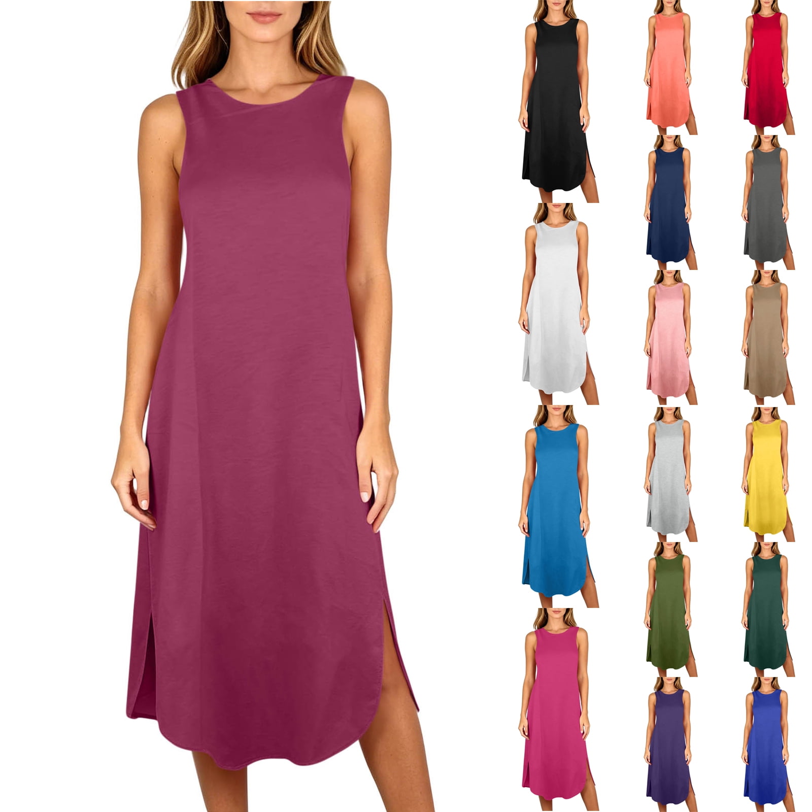 Asxite Womens Pajamas Casual Sleeveless Crew Neck Solid Pocket Side ...