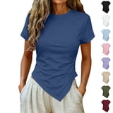 Asxite Womens Tops Crop Short Sleeve Solid Color Round Neck Ruched ...