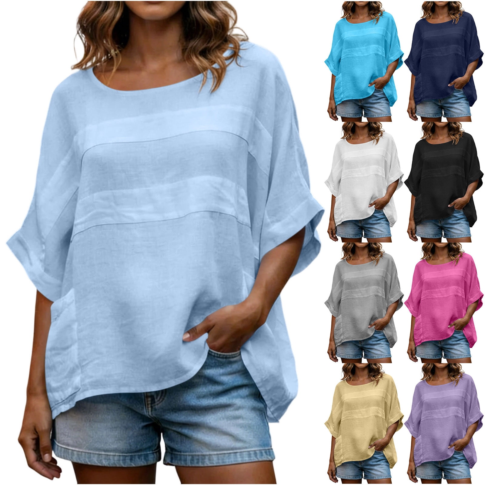 Asxite Womens Tops Long Sleeve Solid Color Linen Mix Round Neck Open ...