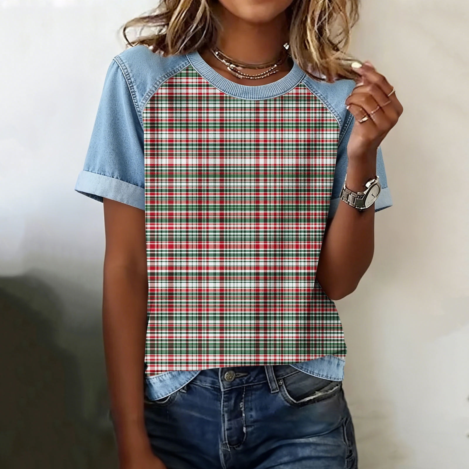 Asxite Womens Tops Plus Size Short Sleeve Spliced Faux Denim Plaid ...