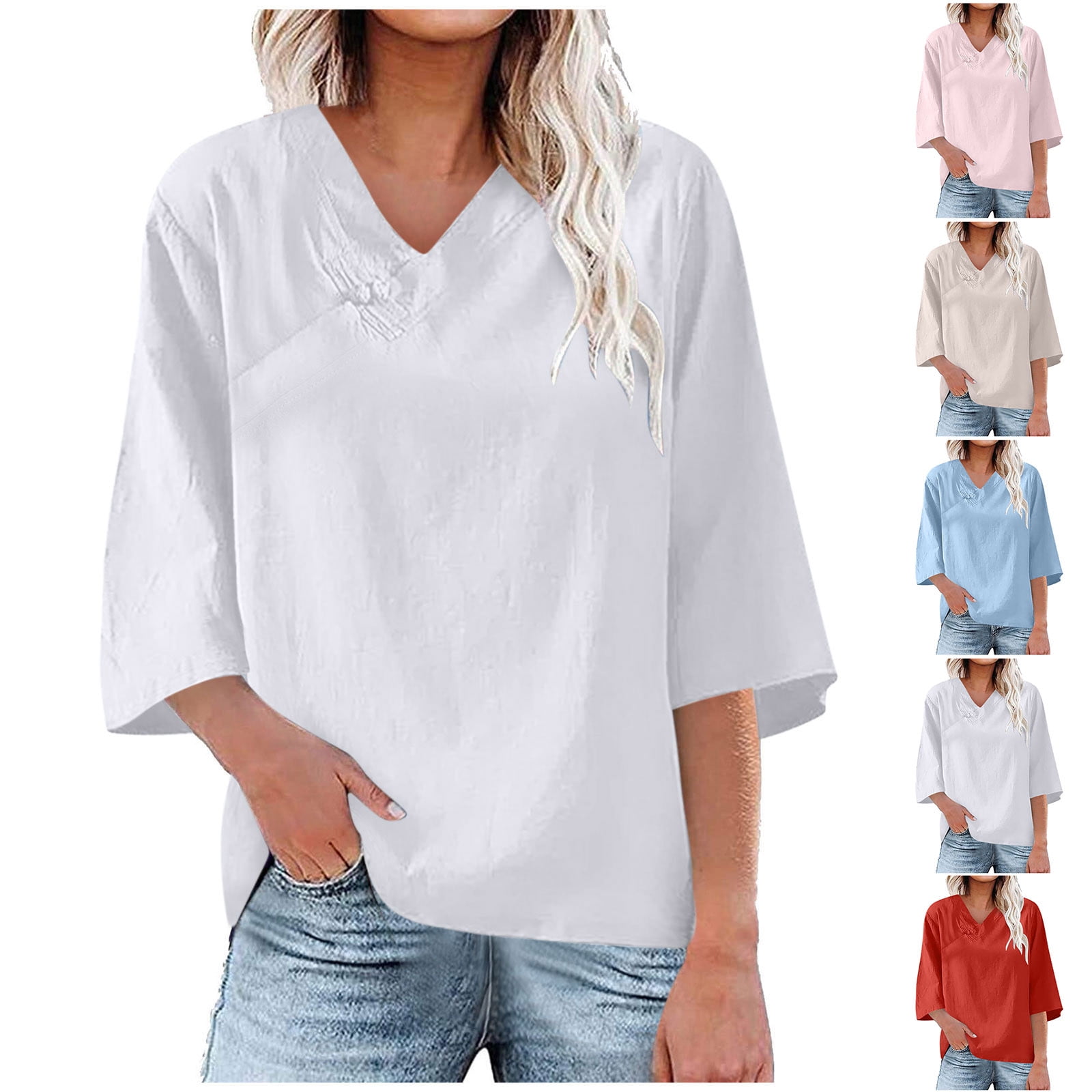 Asxite Womens Tops Short Sleeve Solid Color V Neck Linen Mix Casual ...