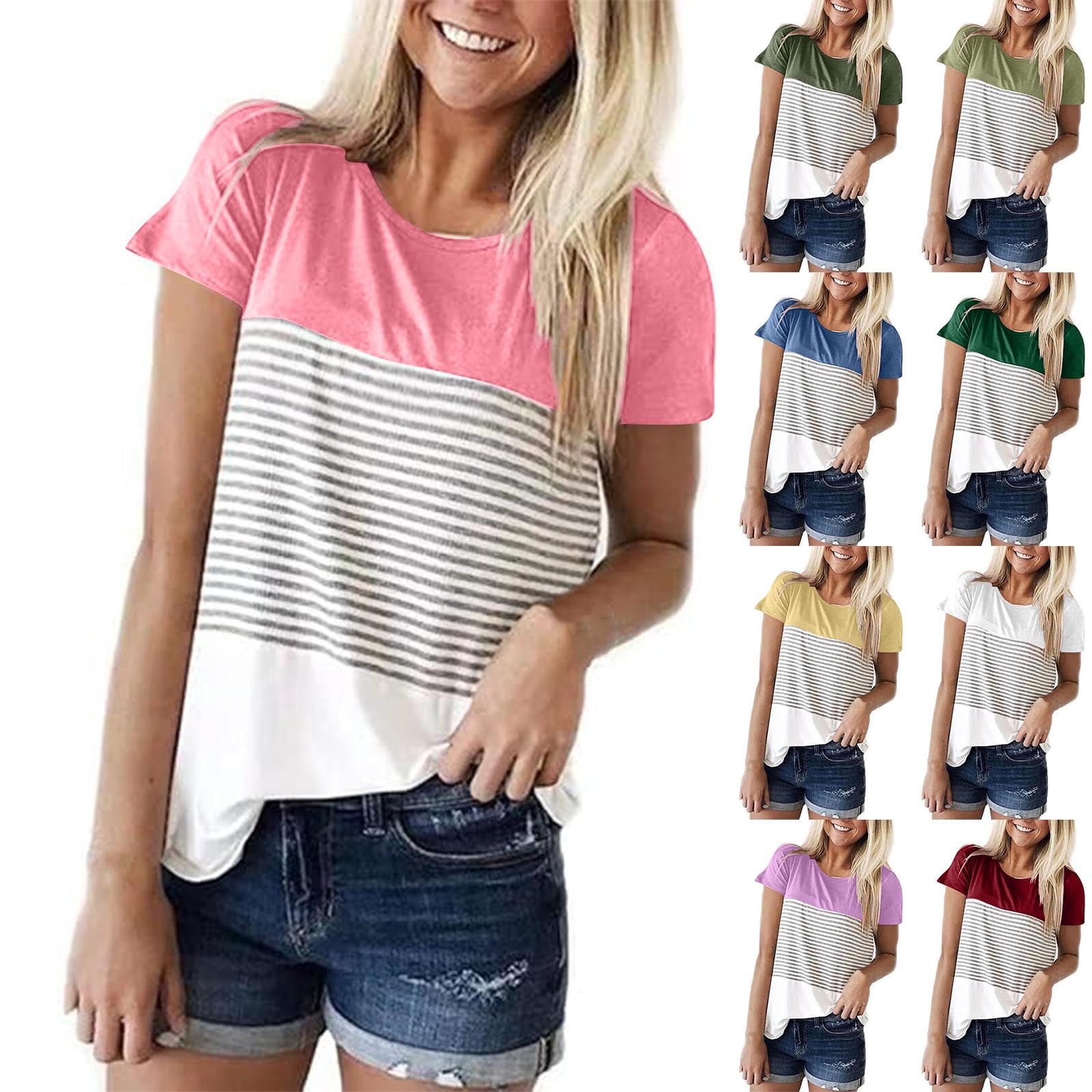 Asxite Womens Tops Short Sleeve Spliced Striped Round Neck Loose and ...