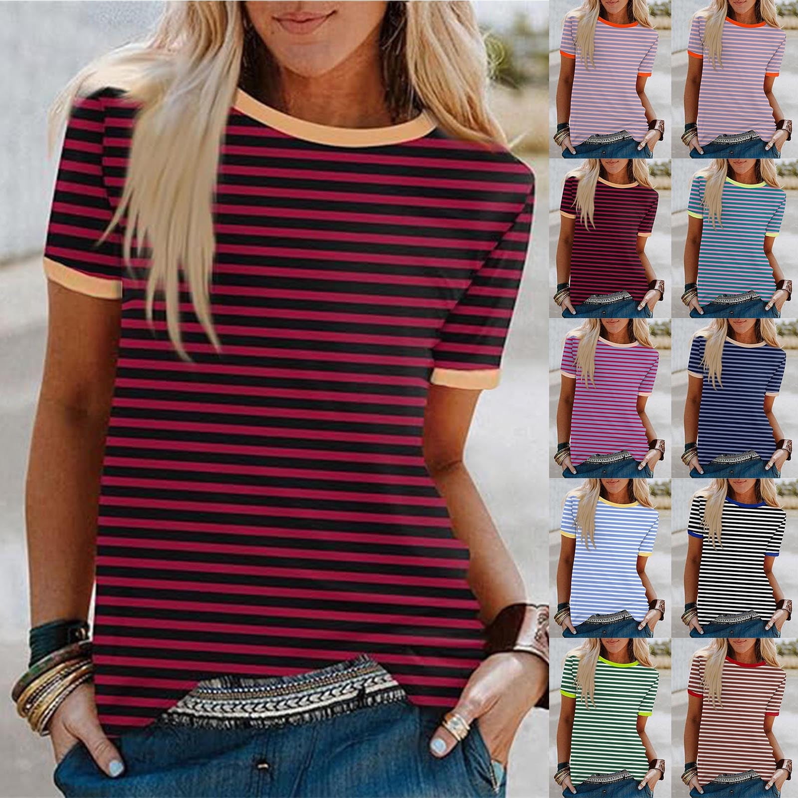Asxite Womens Tops Short Sleeve Striped Print Spliced Round Neck Loose ...
